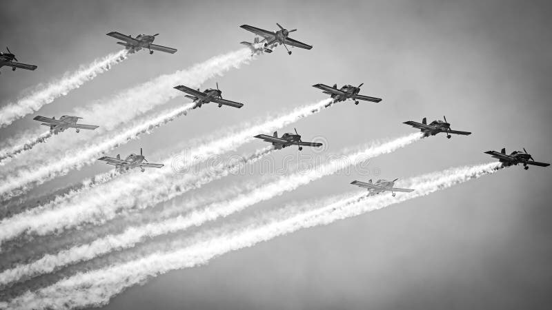 A Formation of Stunt Planes in a Fly Past in Black and White Stock ...