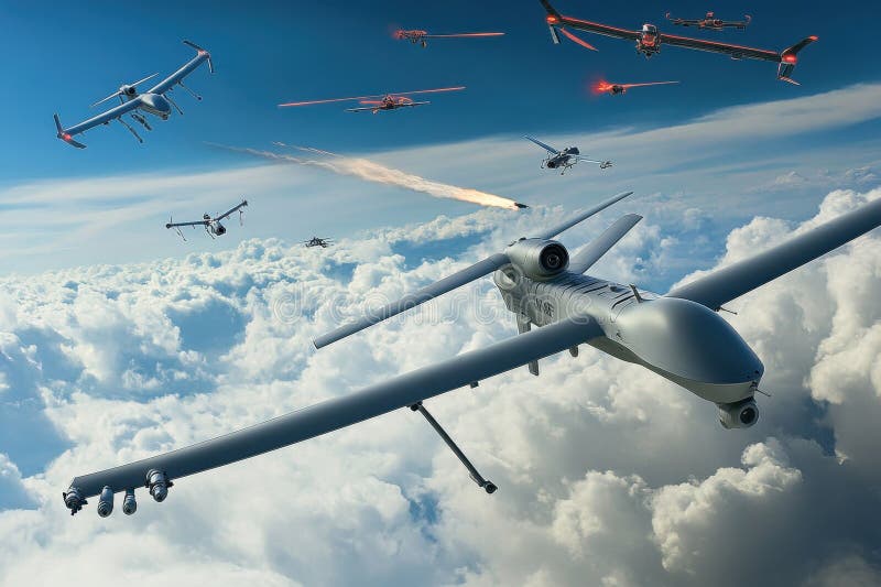 Military Drones Engage in Aerial Maneuvers Over Clouds during Training ...