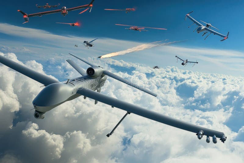 Military Drones Engage in Aerial Maneuvers Over Clouds during Training ...