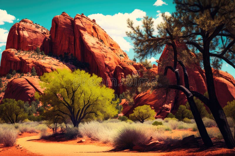 Formations of Red Rock with Trees and Green Grass in Foreground Stock ...