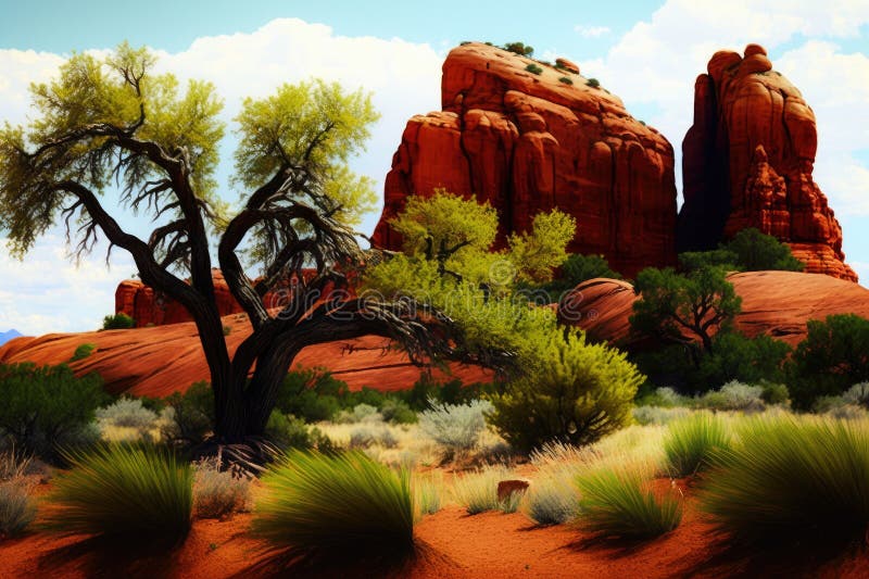 Formations of Red Rock with Trees and Green Grass in Foreground Stock ...