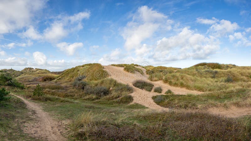 Formby sand dunes panorama stock image. Image of blue - 261814535