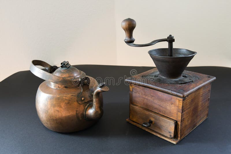 A Nice Old Coffee Mill and an Antique Teakettle of Copper Stock Image ...