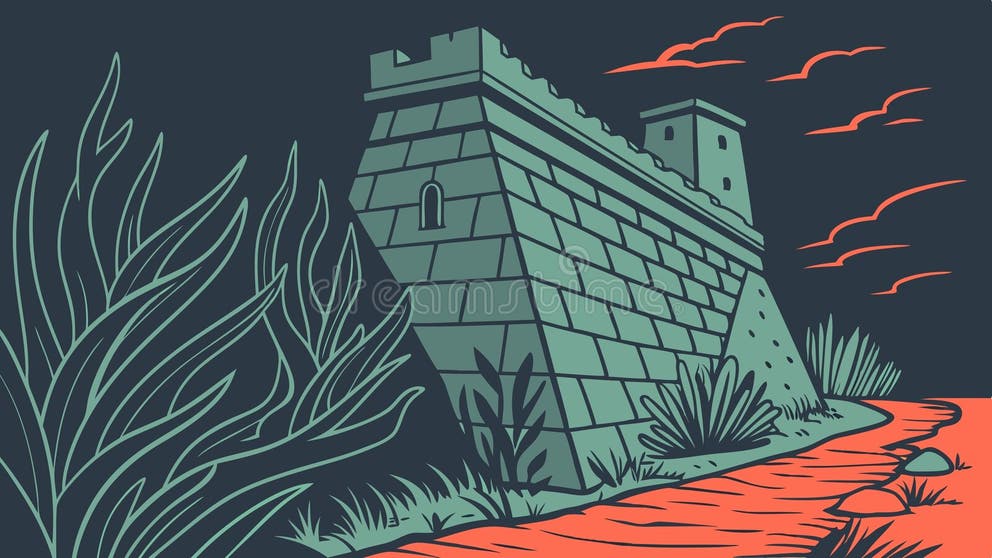 Formidable Ancient Wall in a Vibrant, Stylized Landscape, Vector Design ...