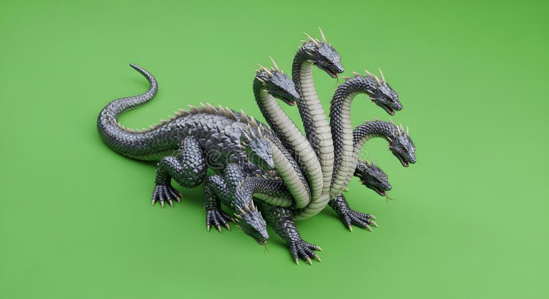 Multi-Headed Hydra Creature with Scaled Skin and Sharp Claws on Green ...