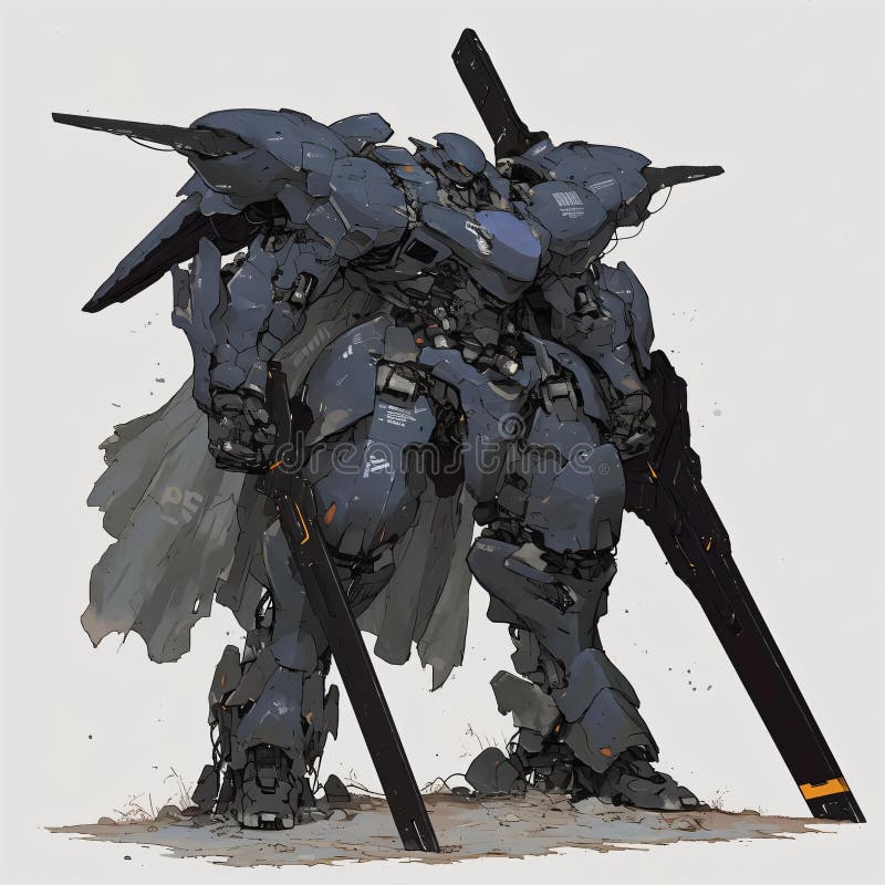 Gray Technologically Advanced Robot Stands Ready Battle Equipped Sword ...