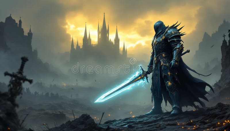 Dark Warrior Stands Tall Against a Mystical Castle Backdrop at Dusk ...