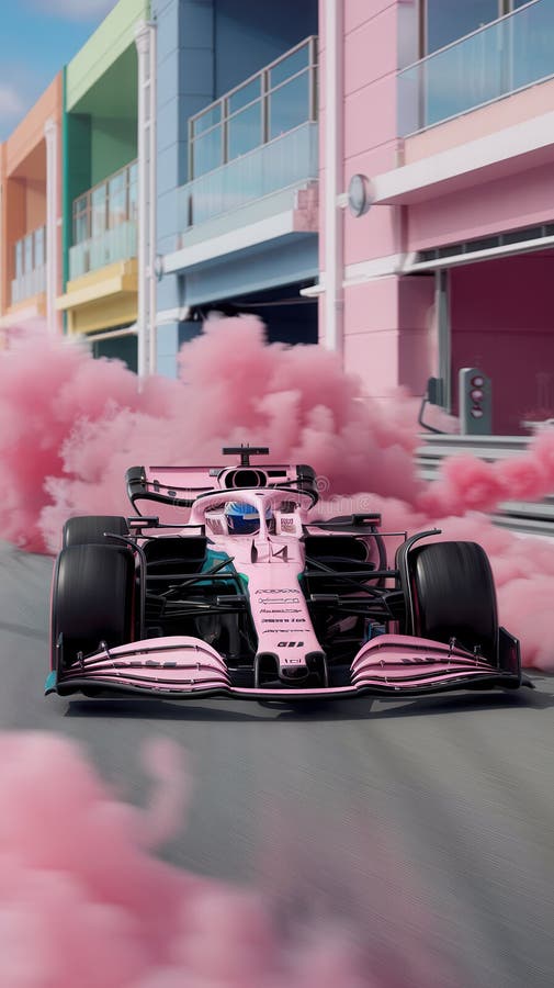 Formula 1 Car with Pink Smoke Racing on a Track Stock Illustration ...