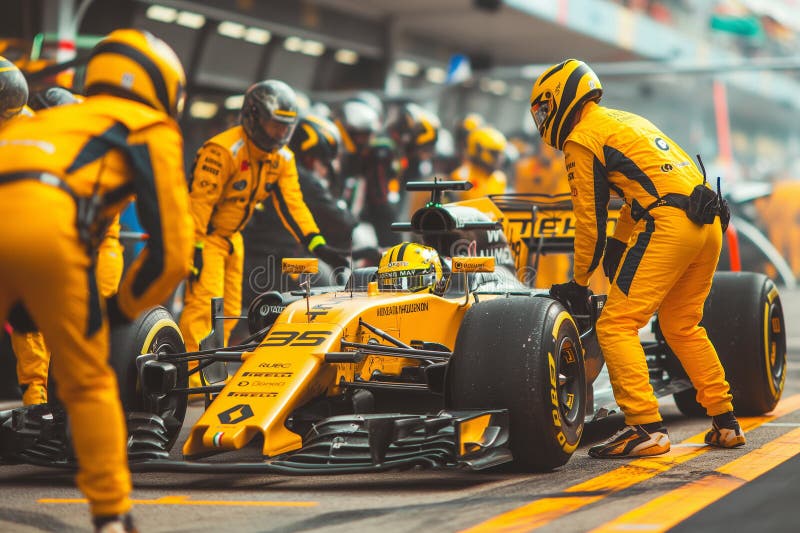 Formula 1 Car in Pit Stop Surrounded by Mechanics Stock Illustration ...