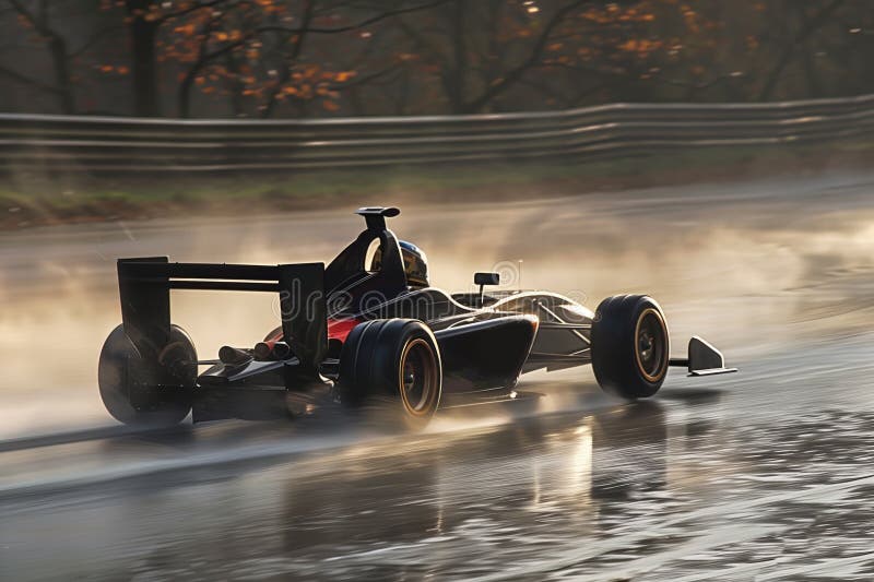 Formula 1 Car Races at High Speed on a Wet Track Stock Illustration ...