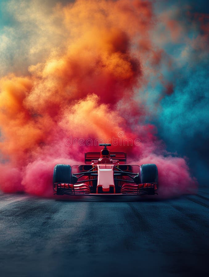 Formula 1 Car Racing through a Cloud of Vibrant Red and Blue Smoke ...