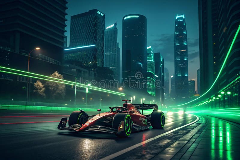 Formula 1 Car Speeding through City at Night with Green Light Trails ...