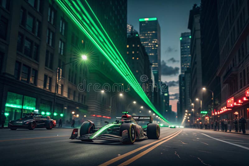 Formula 1 Car Speeding through City at Night with Green Light Trails ...