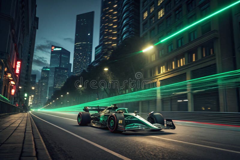 Formula 1 Car Speeding through City at Night with Green Light Trails ...