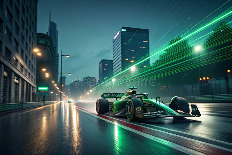 Formula 1 Car Speeding through City at Night with Green Light Trails ...