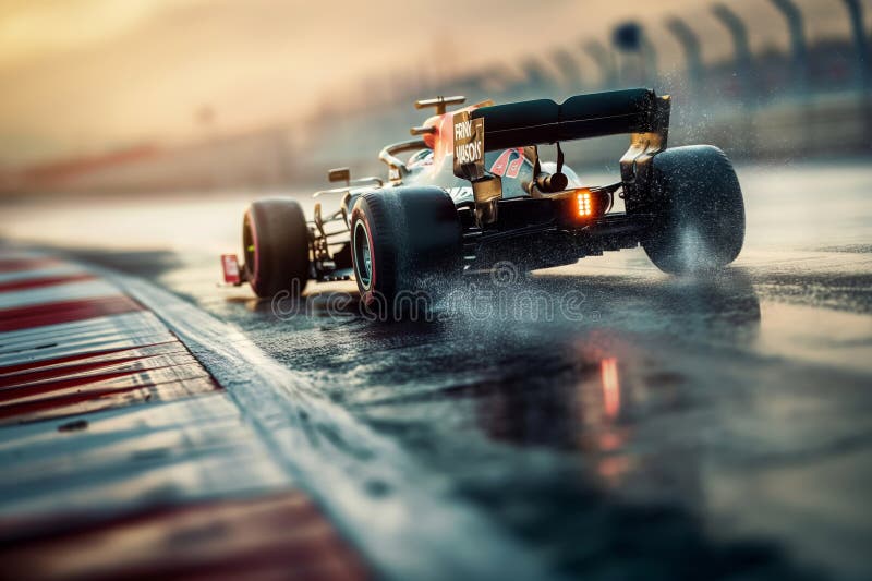 Formula 1 Car on Wet Track Creating Water Spray Effect Stock Image ...