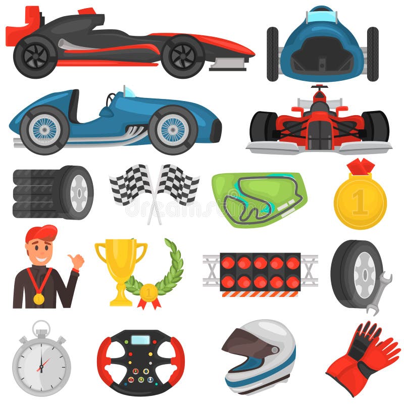 Formula One Color Flat Icons Set Stock Vector - Illustration of road ...