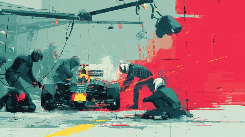 Formula One Pit Stop Team Working on Race Car in a Garage Stock ...