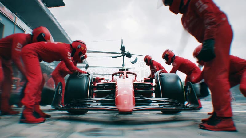 Formula 1 Pit Crew Changing Tires during High-speed Race Stop Stock ...