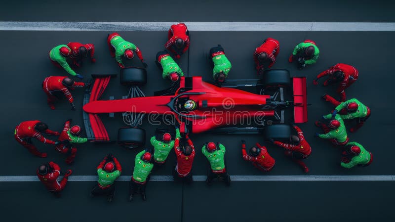 Formula 1 Pit Crew Working Meticulously To Service Red Racing Car ...