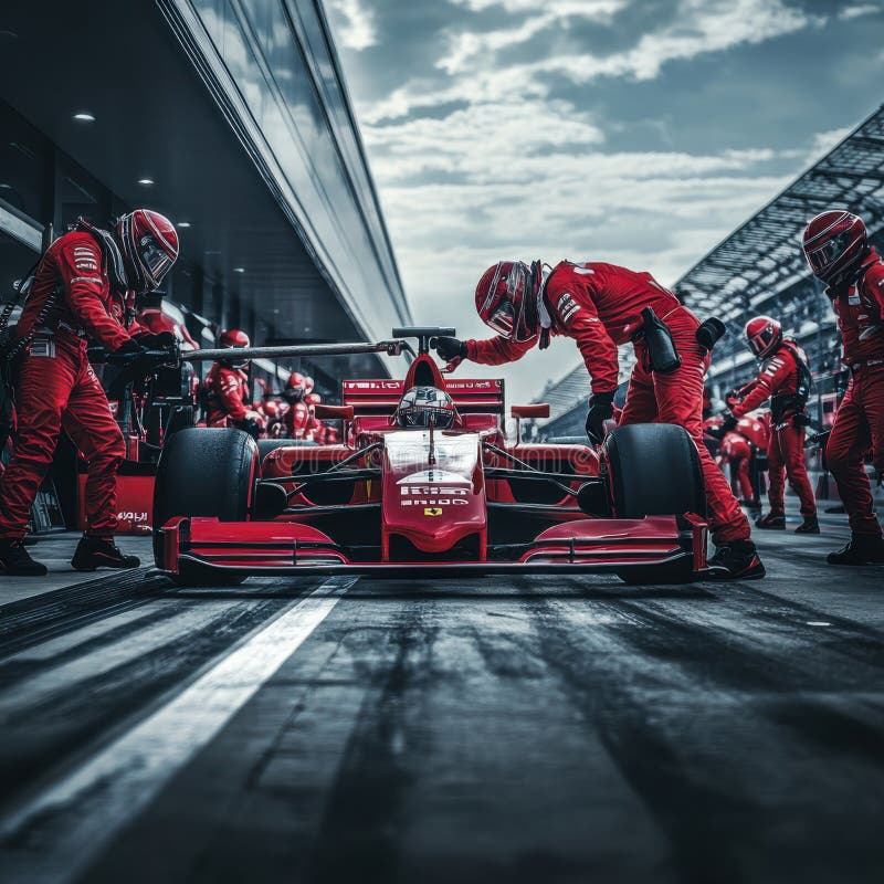 Formula 1 Pit Crew Working on Red Racing Car during Pit Stop Stock ...