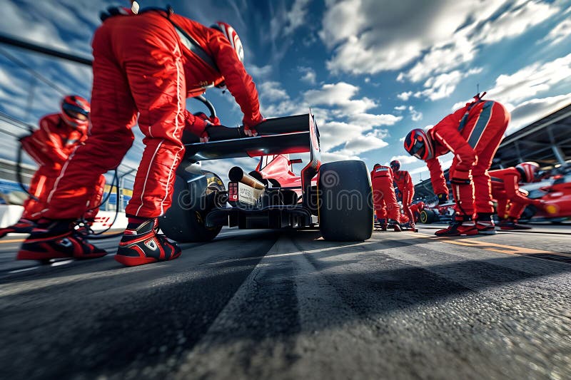 Formula Race Car Crew in Red Uniforms Working Together in Pit Stop Area ...