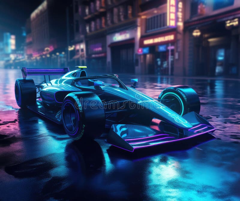 Formula 1 Racing Car in the Neon Light of the City Streets Stock Photo ...