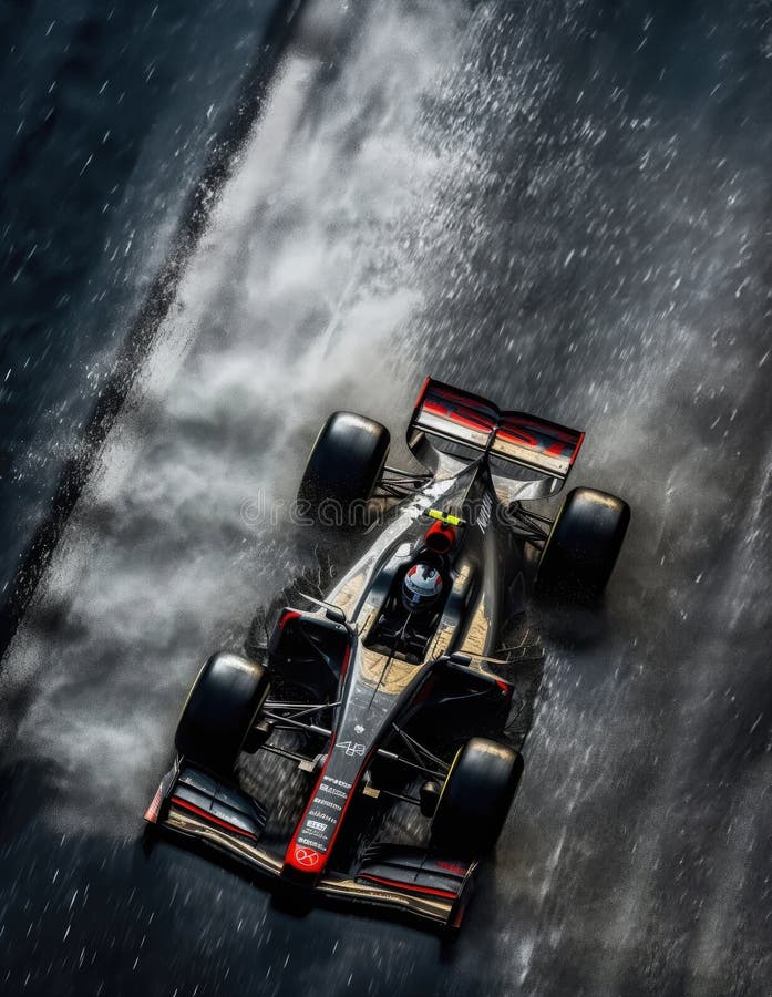 Formula 1 Racing Car in Splashes of Water on a Track Flooded with Water ...