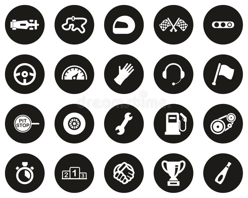 Formula Racing Icons White on Black Flat Design Circle Set Big Stock ...
