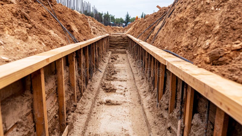 Wooden Formwork Panels Bracing Concrete Foundation Walls, Supporting ...