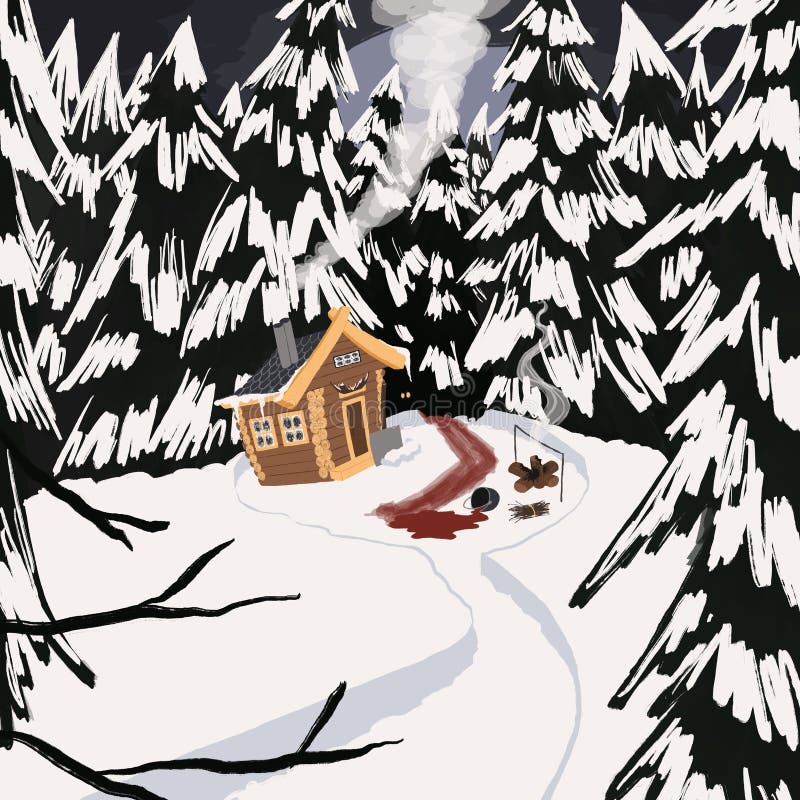 Cartoon Winter Forest Crime Scene with Log Cabin, Campfire, Pine Trees ...