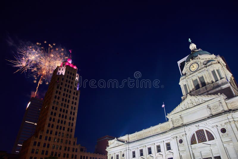 Fort Wayne Skyscrapers and Courthouse on 4th of July with Fireworks ...