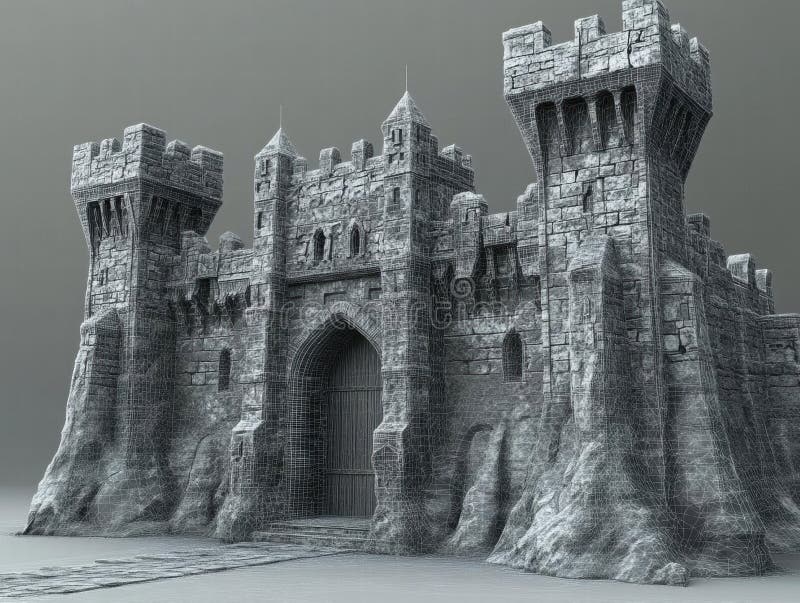 Fortified Medieval Castle Gate 3D Model - Wireframe Stock Image - Image ...