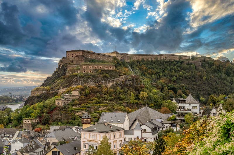 Aerial View of Koblenz, Ehrenbreitstein Fortress Stormy Sunset Sky ...