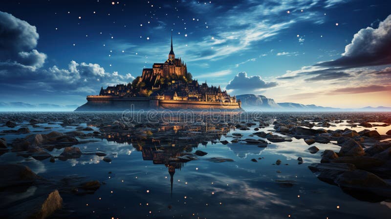 Fortstress Reflected in the High-Tide Waters Around Mont Saint-Michel ...