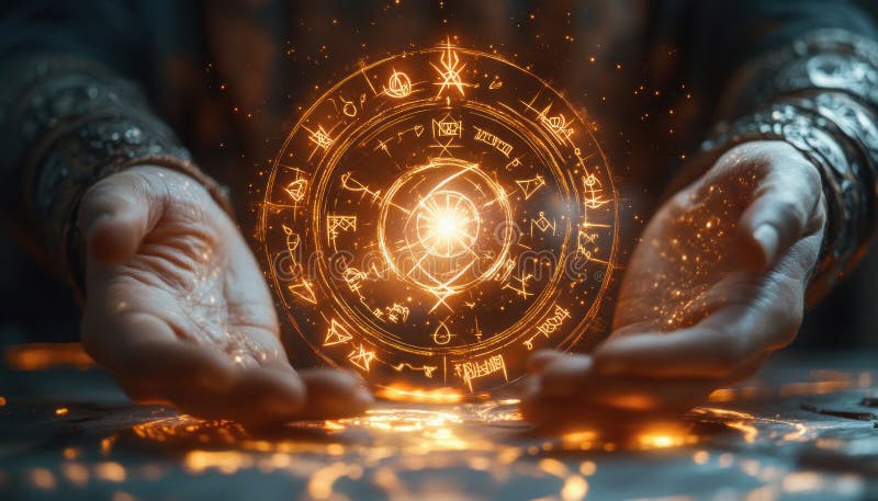 Fortune Teller Summoning Magical Circle with Ancient Symbols Stock ...