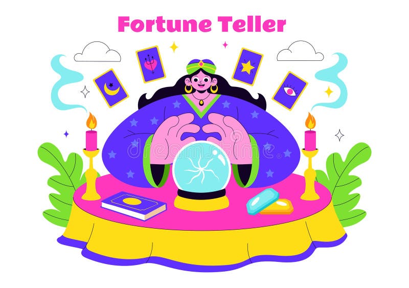 Fortune Teller Vector Illustration with Crystal Ball, Magic Book, and Tarot Cards for Predicting ...