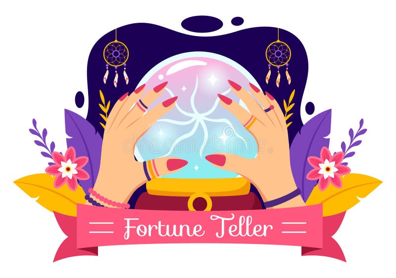 Fortune Teller Vector Illustration with Crystal Ball, Magic Book or Tarot for Predicts Fate and ...