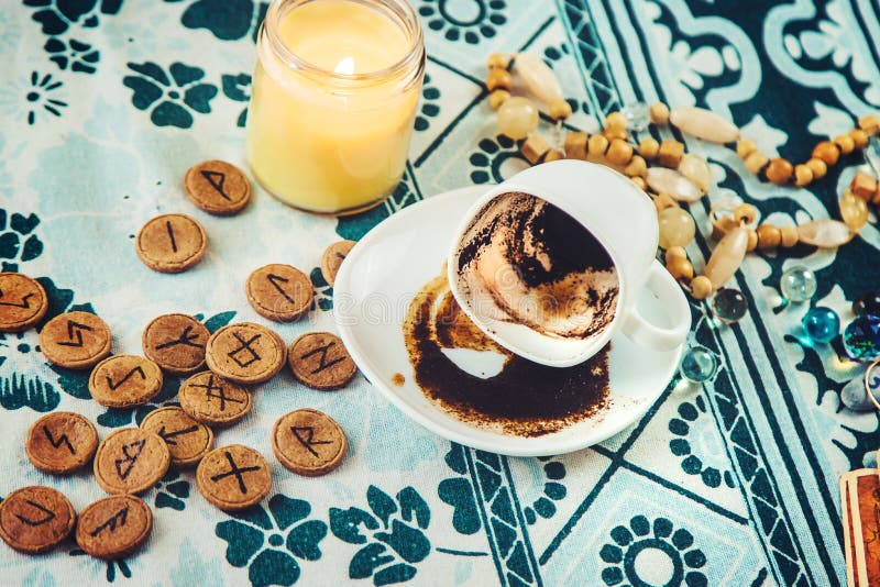 Fortune Telling on Coffee Grounds and Tarot Cards. Selective Focus ...