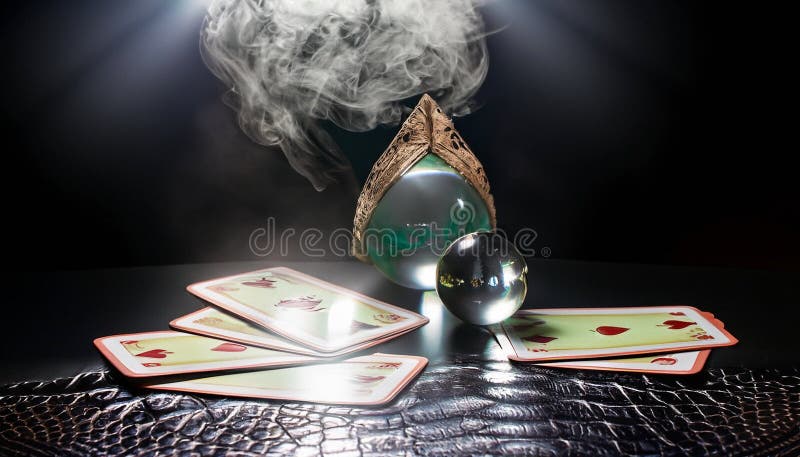 Fortune Telling Table with Crystal Ball Cards and Spider Web are Stock ...