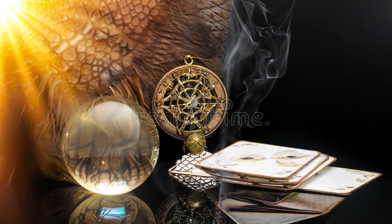 Fortune Telling Table with Crystal Ball Cards and Spider Web are Stock ...