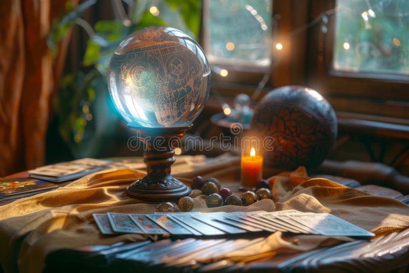 Fortune Telling Table with a Magic Crystal Ball and Tarot Cards ...