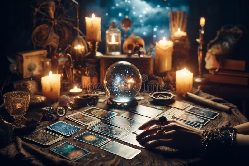 Fortune Telling with Tarot Cards in a Mystical Setting with Burning ...
