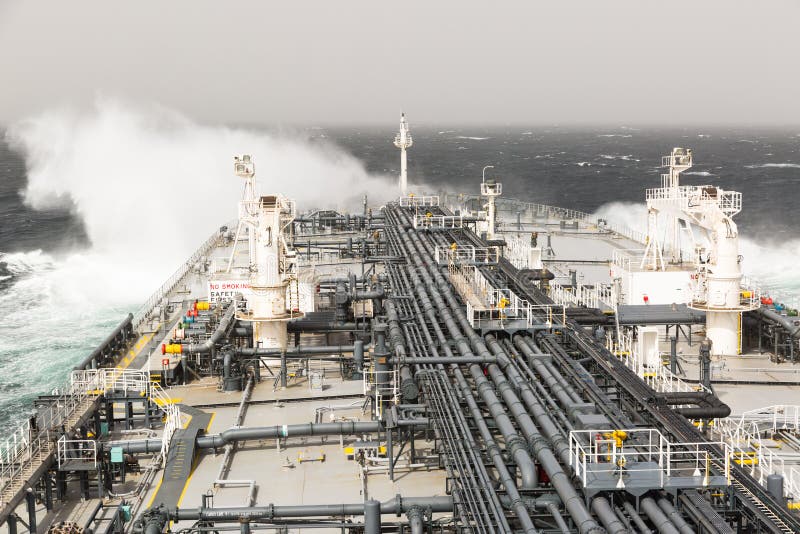 Oil Tanker Deck while Rainy Weather. View from the Navigation Bridge ...
