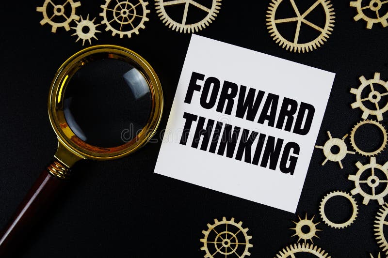 Forward Thinking Text with Magnifying Glass on Black Background Stock ...