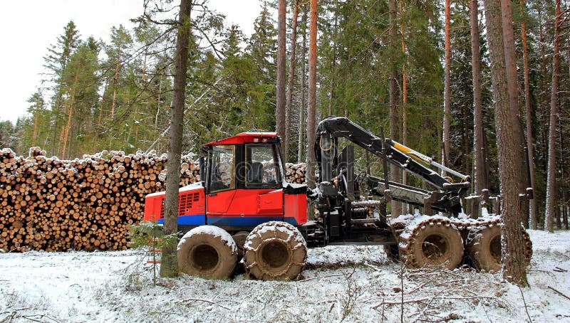 Forwarder at Winter Logging Site Stock Photo - Image of heavy ...