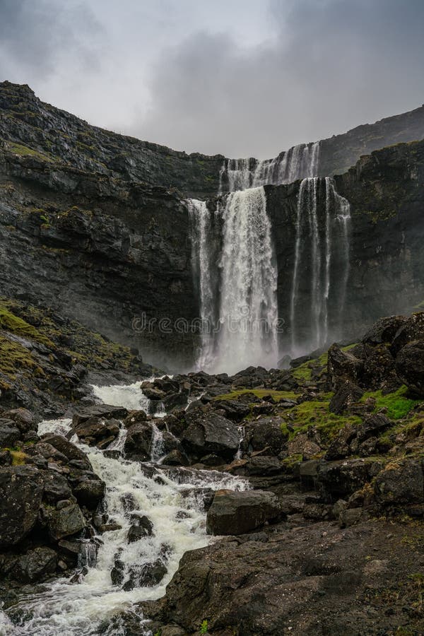 Fossa Double-tiered Waterfall Under the Clouds Stock Photo - Image of ...