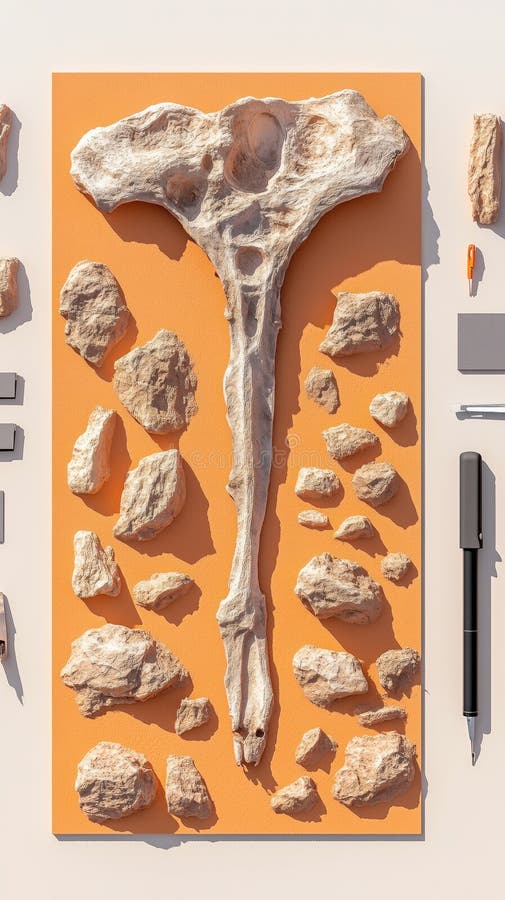 Fossil Bone Displayed on Orange Background with Surrounding Rocks and ...