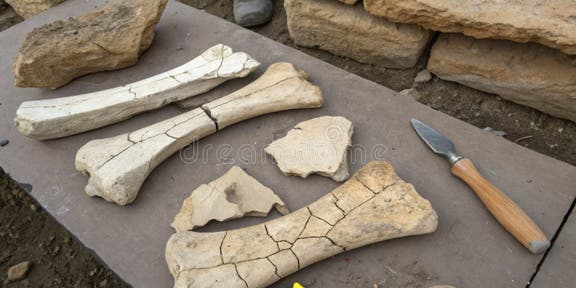 Fossil Excavation Display Showing Ancient Bones and Tools at a Dig Site in a Remote Location ...