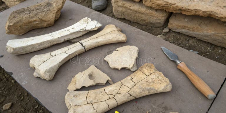 Fossil Excavation Display Showing Ancient Bones and Tools at a Dig Site ...